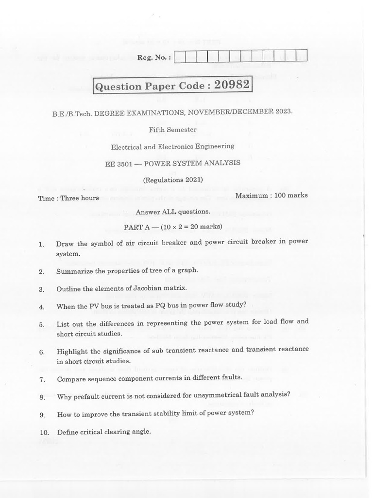 Power System Analysis - EE3501 2021 Regulation - Semester Question ...