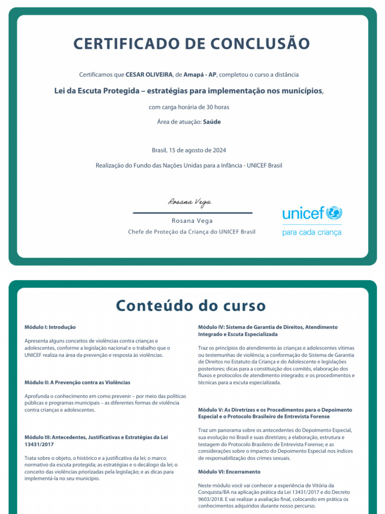 Curso sobre Lei da Escuta Protegida | PDF | Unicef | Brasil
