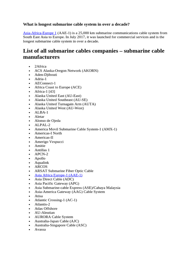 Longest Submarine Cable: AAE-1 Overview | PDF | Telecommunications ...