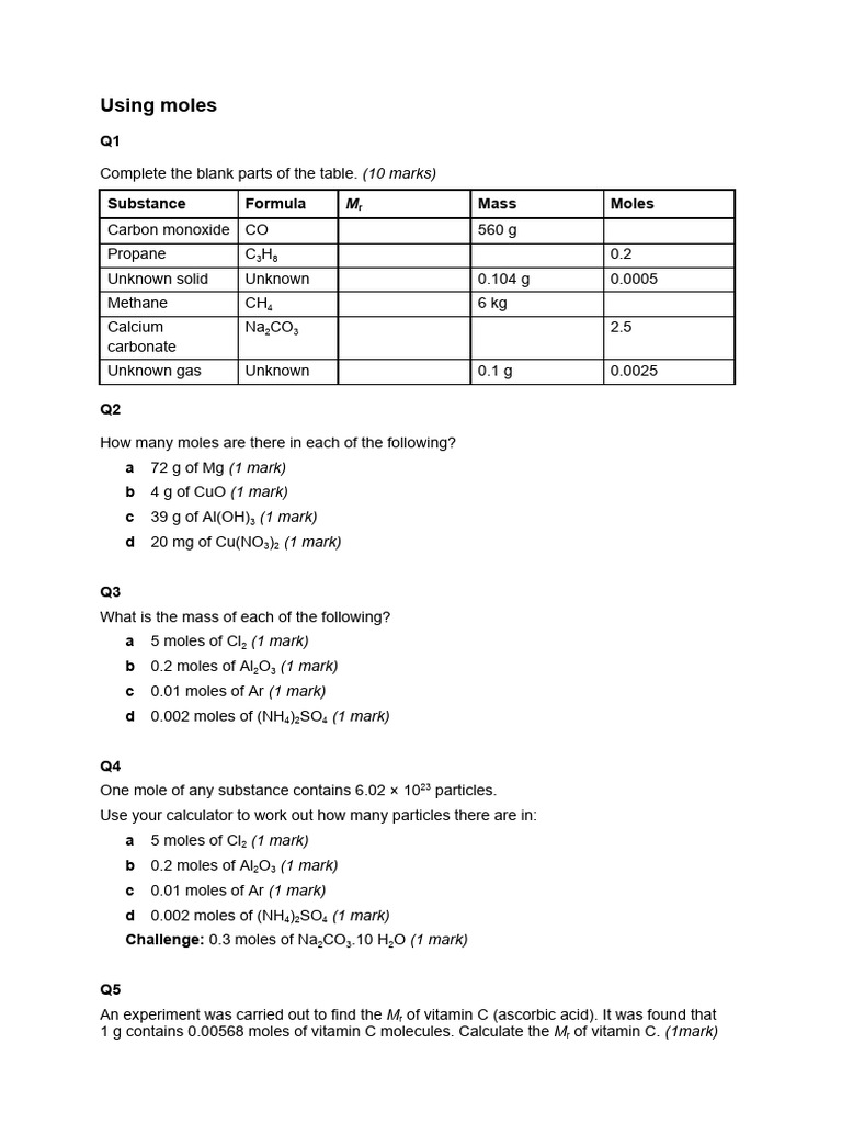 Practice Questions - Lesson 2 Moles | PDF | Mole (Unit) | Vitamin C