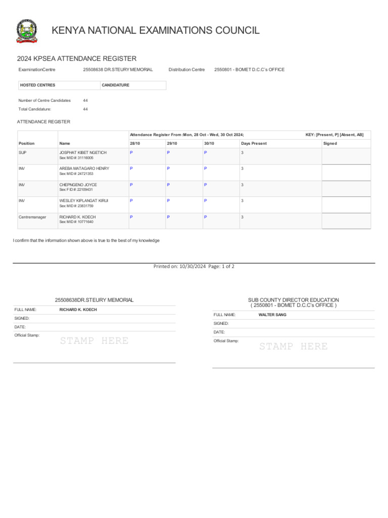 2024 KPSEA Attendance Register | PDF