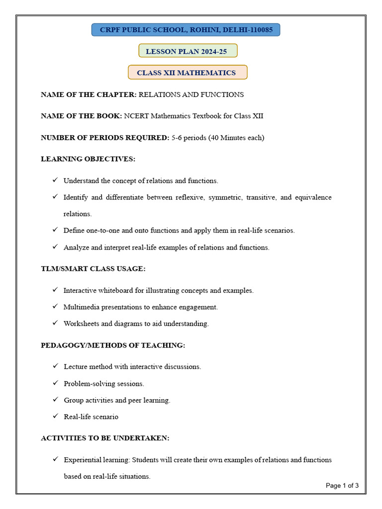 Relations and Functions Lesson Plan Mathematics Class Xii 2024-25 | PDF ...