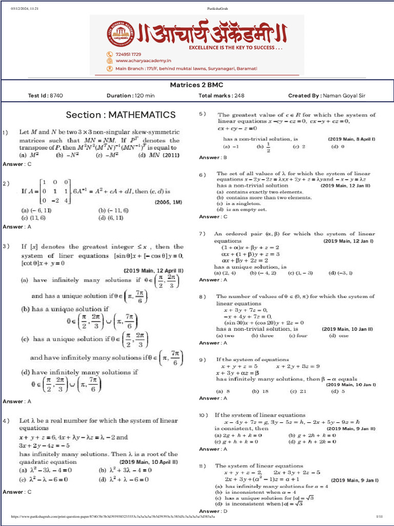 BMC Matrices and Determinant | PDF | Matrix Theory | Linear Algebra