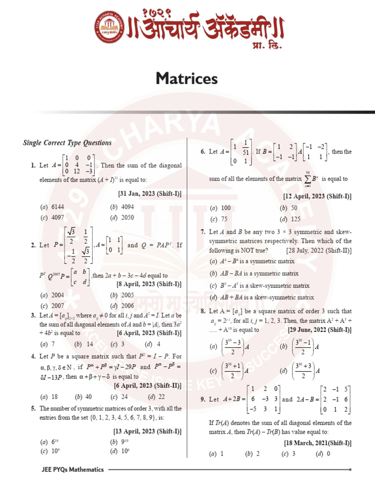 JEE Mathematics Matrix Questions | PDF | Matrix (Mathematics) | Functions And Mappings