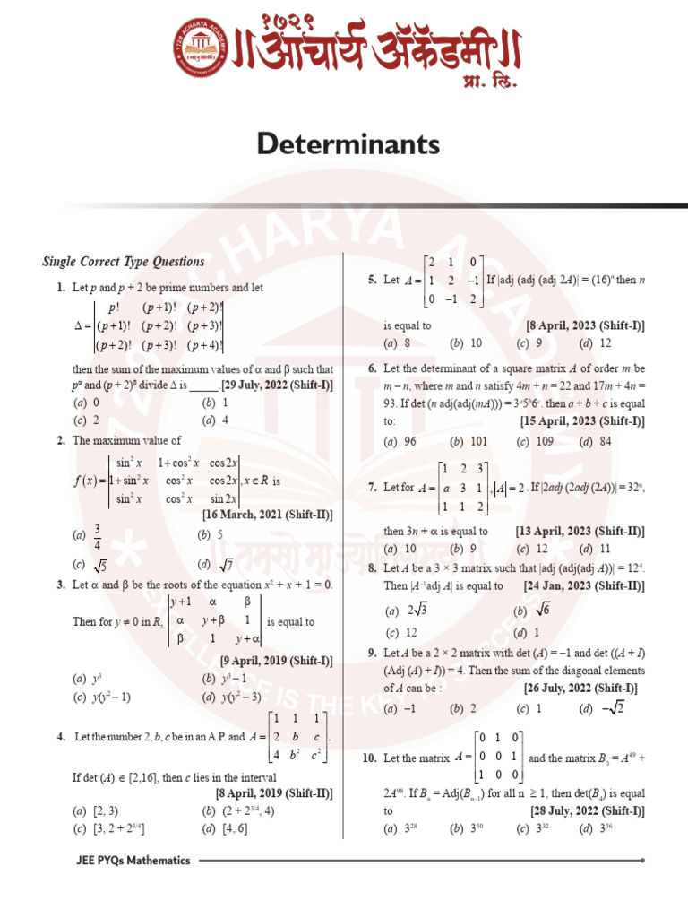 Determinants - PYQ Practice Sheet | PDF | Determinant | Matrix (Mathematics)