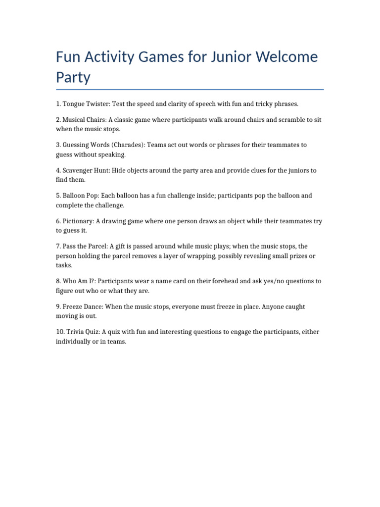 Fun Activity Games For Junior Welcome Party | PDF