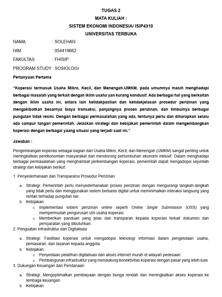 Tugas 2 Sistem Ekonomi Indonesia-Solehan-054419662 | PDF