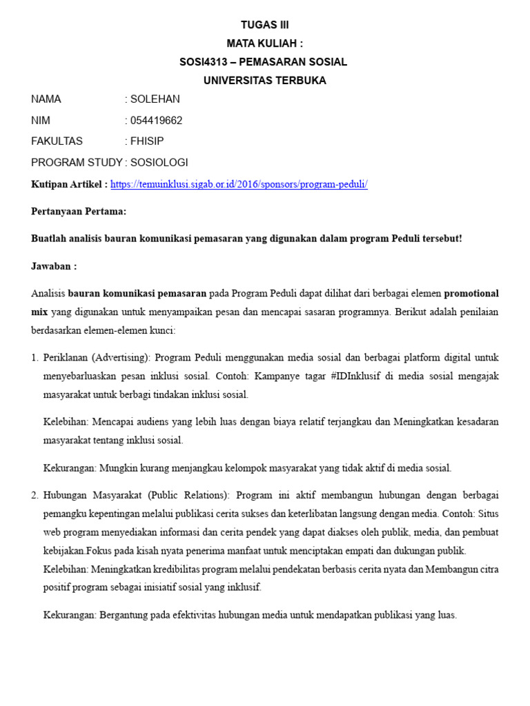 Tugas 3 Pemasaran Sosial-Solehan-054419662 | PDF