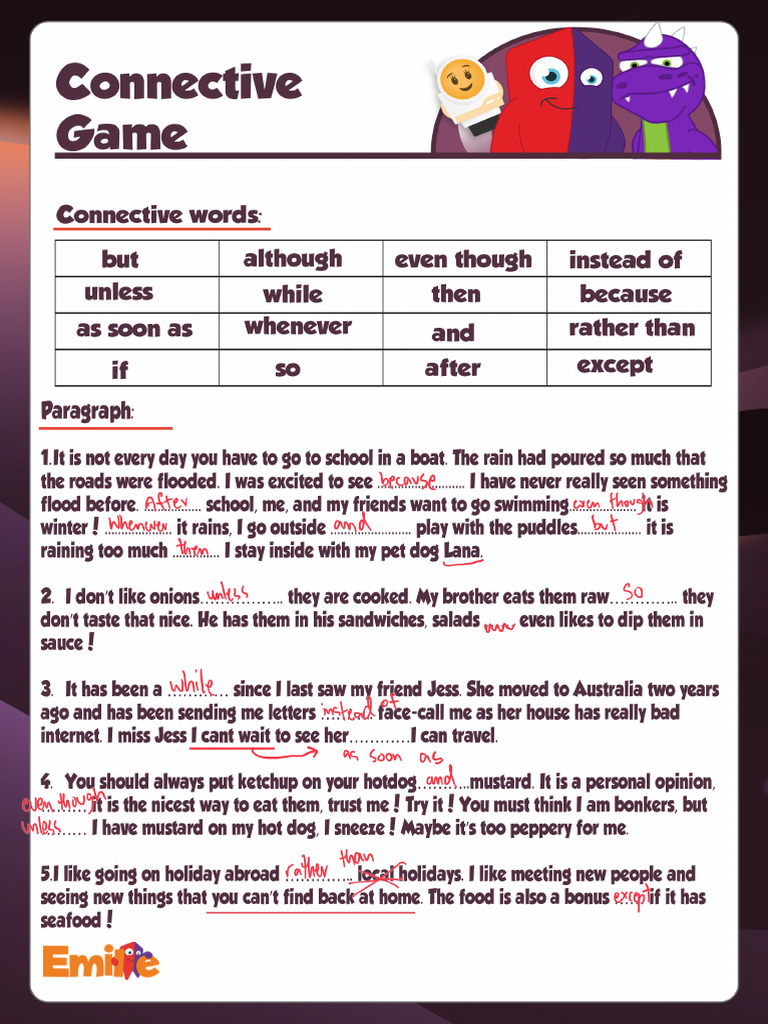 Connectives and Paragraphs Emile Worksheet. | PDF