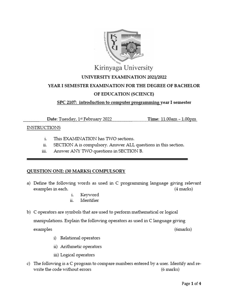 Spc 2107 Introduction To Computer Programming Year I Semester Pdf C Programming Language