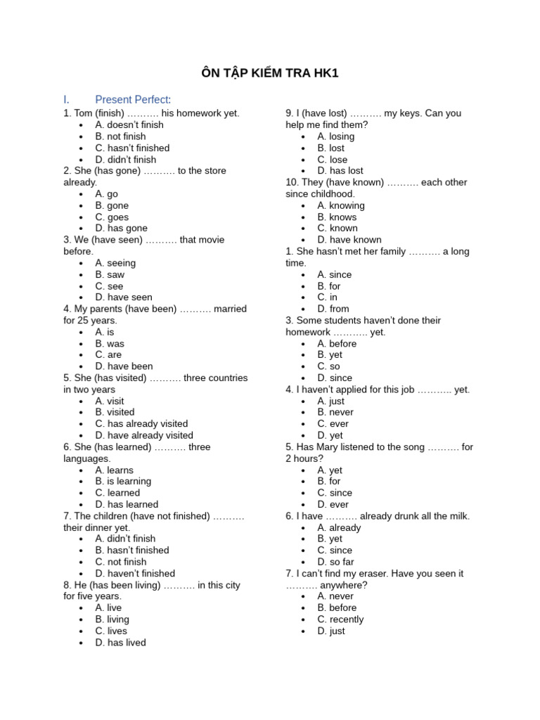 ÔN TẬP KIỂM TRA HK1 | PDF