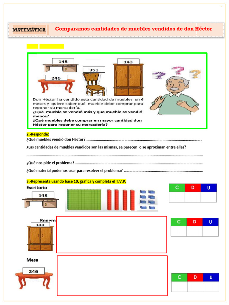 FICHA MATEMATICA 2 Comparamos Cantidades de Muebles Vendidos de Don Héctor | PDF