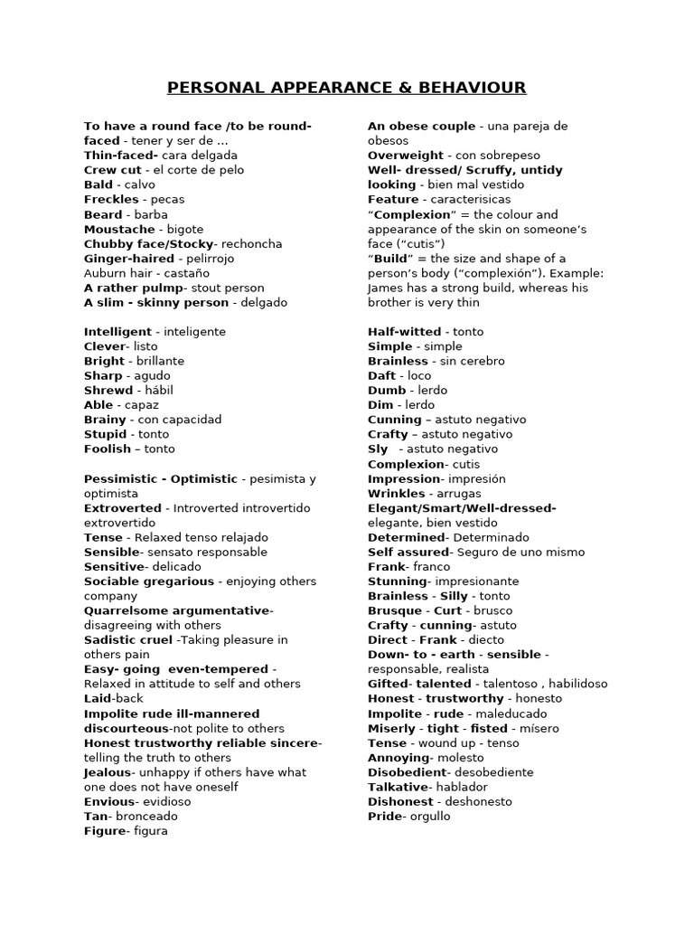 Vocabulary Personal Apperarance & Behaviour | PDF | Psychology ...