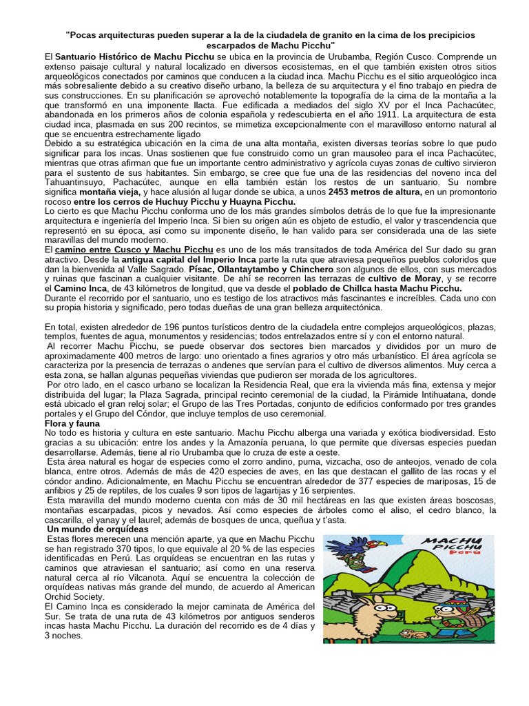 Macchu Picchy - Lectura | PDF | Machu Picchu