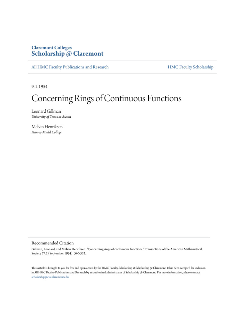Concerning Rings of Continuous Functions | PDF | Ring (Mathematics) | Set (Mathematics)