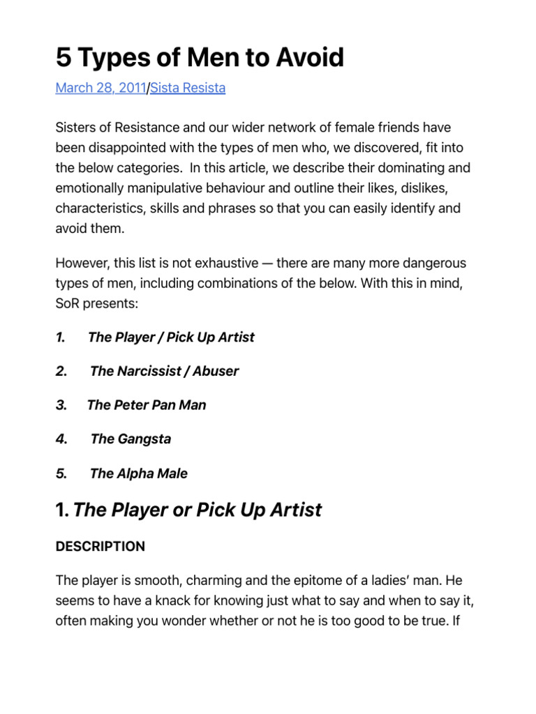 5 Types of Men to Avoid – sisters of resistance | PDF | Narcissism ...