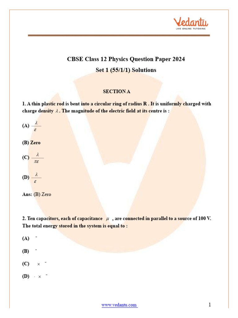 Class 12 Physics 2024 (Set-1 55-1-1) Question Paper With Solutions PDF ...