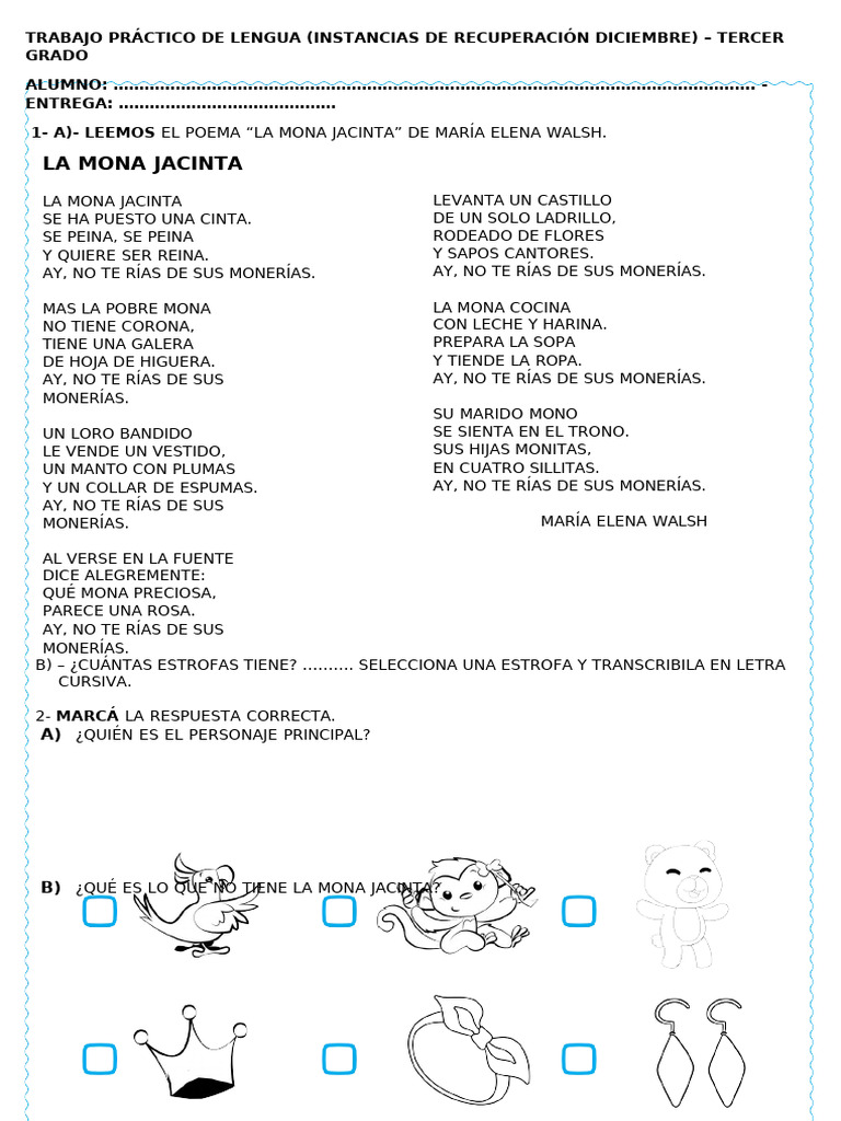 Actividades de Lengua: Poema "La Mona Jacinta" | PDF | Lingüística