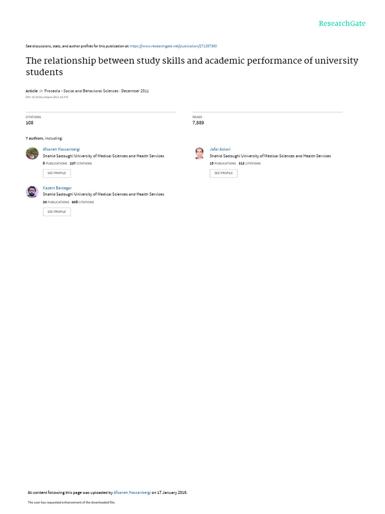 The Relationship Between Study Skills and Academic | PDF | Study Skills | Psychology