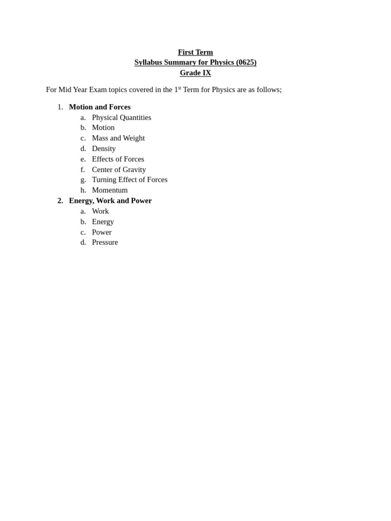 Physics First Term Syllabus Overview | PDF