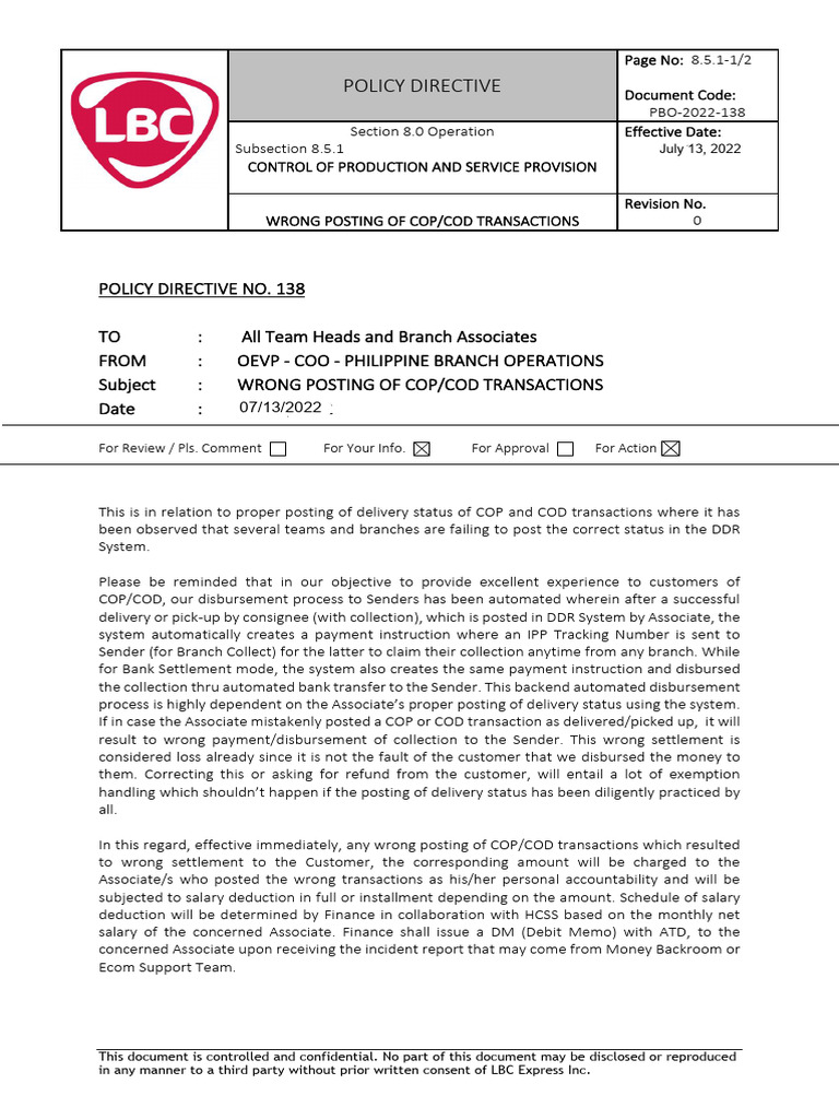 COP/COD Transaction Posting Policy | PDF | Payments