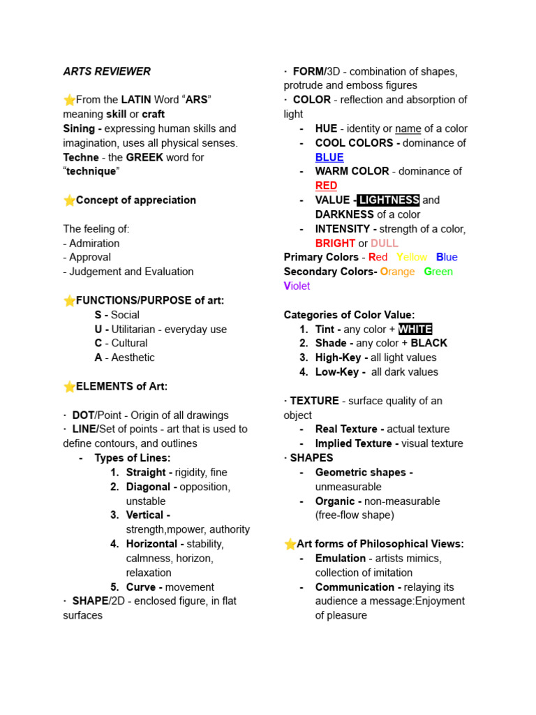 Arts Reviewer Q1 - 10 (Day Two) | PDF | Color | Shape
