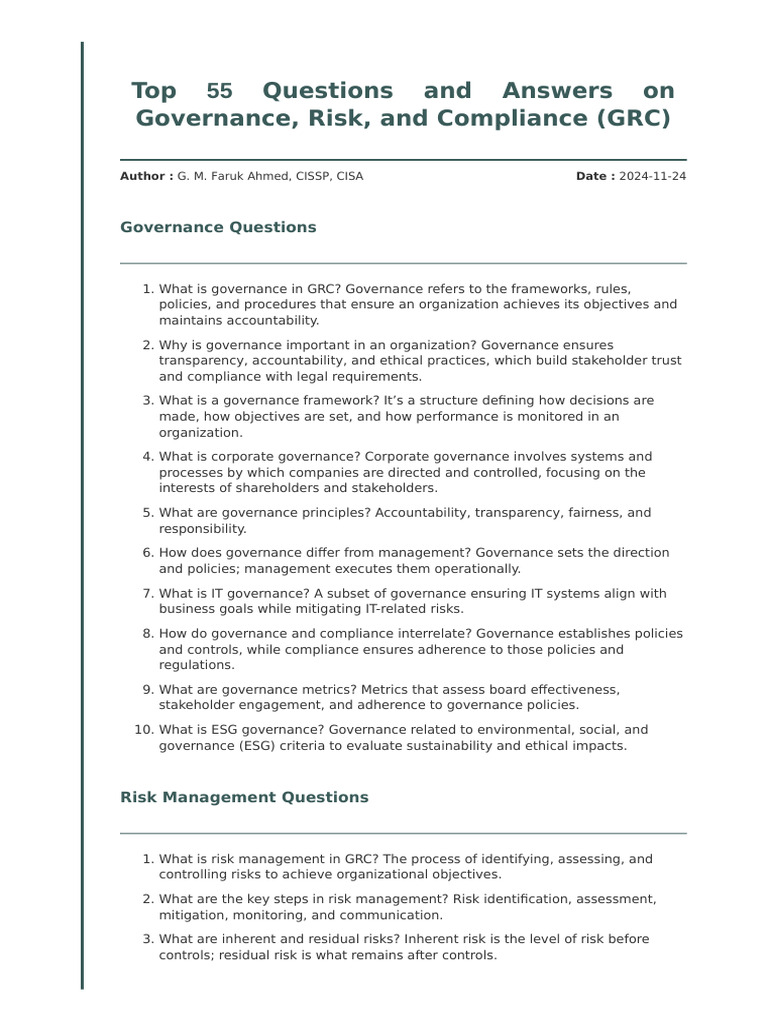 GRC Questions | PDF | Governance | Regulatory Compliance