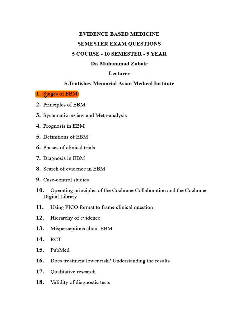 Evidence-Based Medicine Exam Questions | PDF | Evidence Based Medicine ...