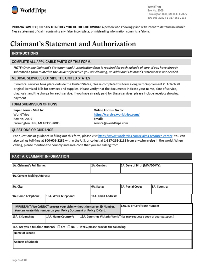 WorldTrips Claimant's Statement Form | PDF | Insurance | Travel Visa