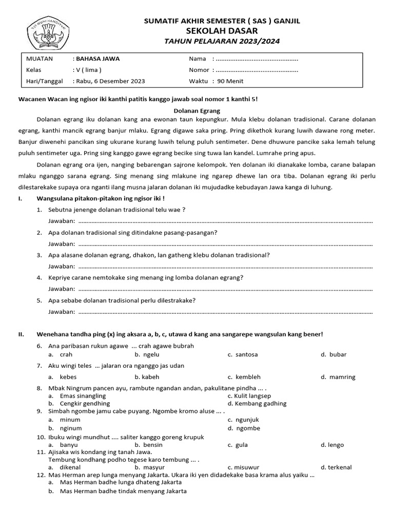 6. Soal SAS Ganjil Bahasa Jawa Kelas 5 Th 2023 | PDF