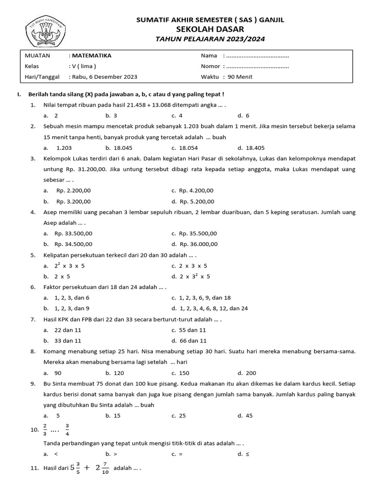3. Soal SAS Ganjil Matematika Kelas 5 Th 2023 | PDF