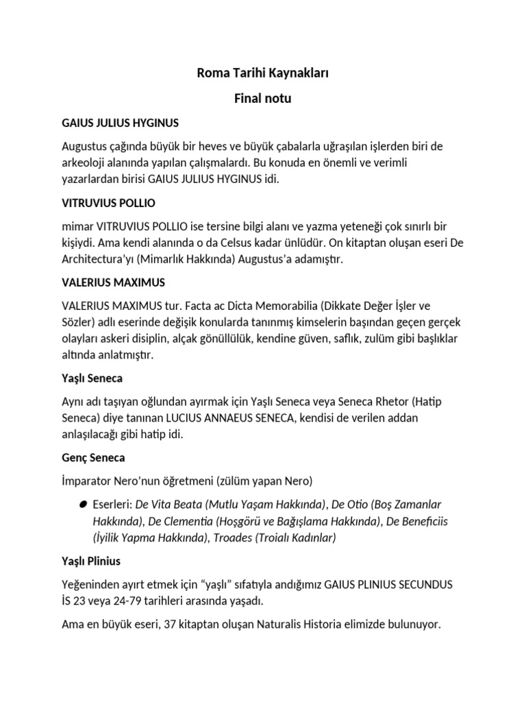 Roma Tarihi Kaynakları Final Notu | PDF