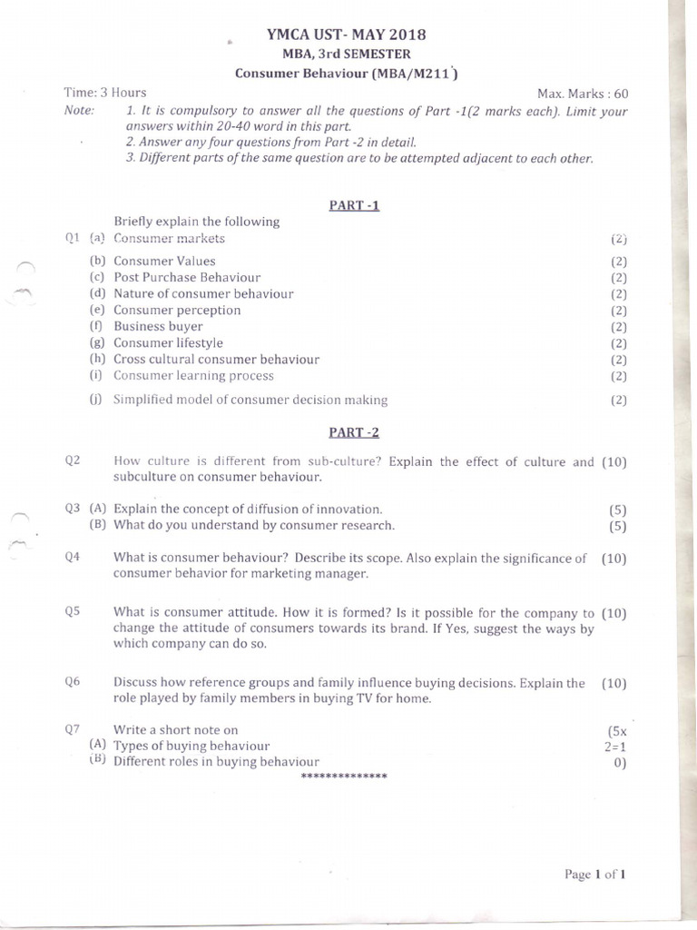 MBA - 3rdsem - May2018 - Consumer Behaviour | PDF