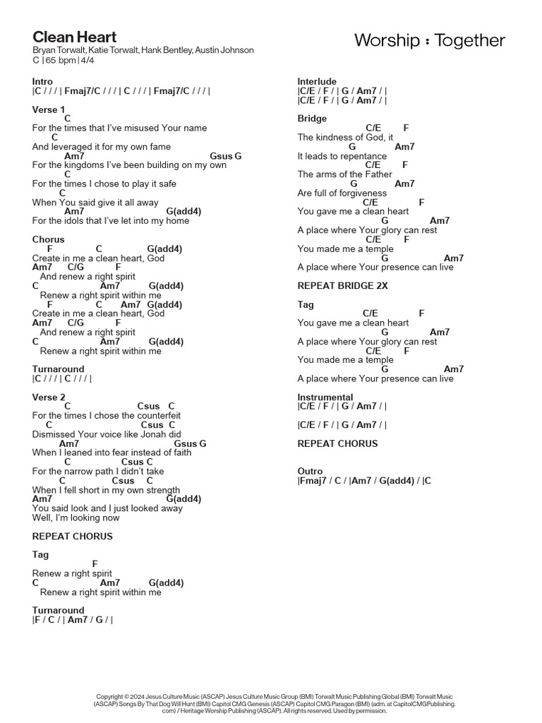 Clean Heart - Bryan and Katie Torwalt - Chord Chart | PDF