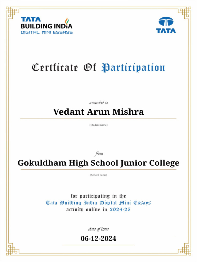 Vedant Arun Mishra Certificate of Participation | PDF