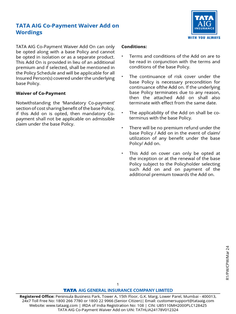Co Payment Waiver Add On Policy Wordings E73b221c0a | PDF | Insurance ...