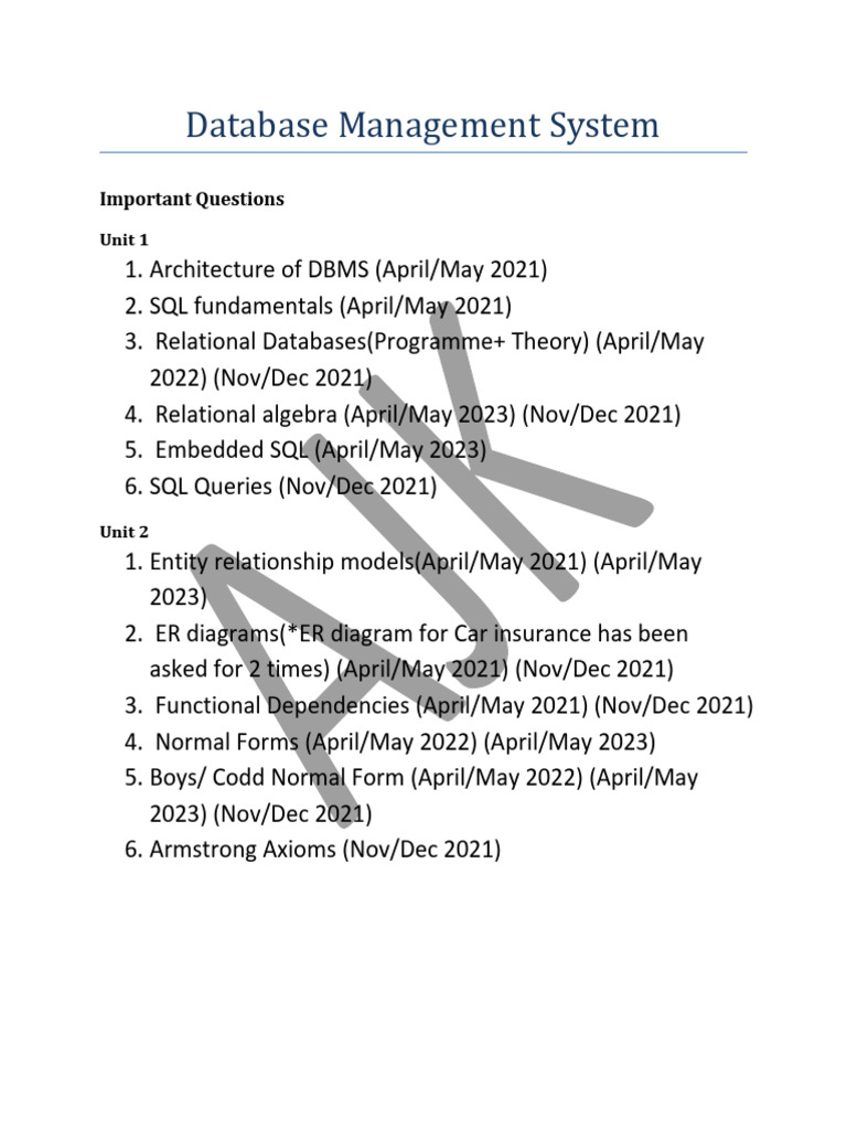DBMS Important Questions | PDF