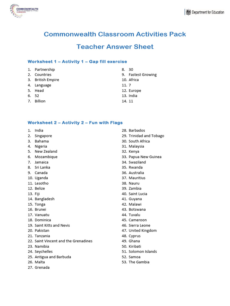 Commonwealth Classroom Activities Pack - Answer Sheet | PDF ...