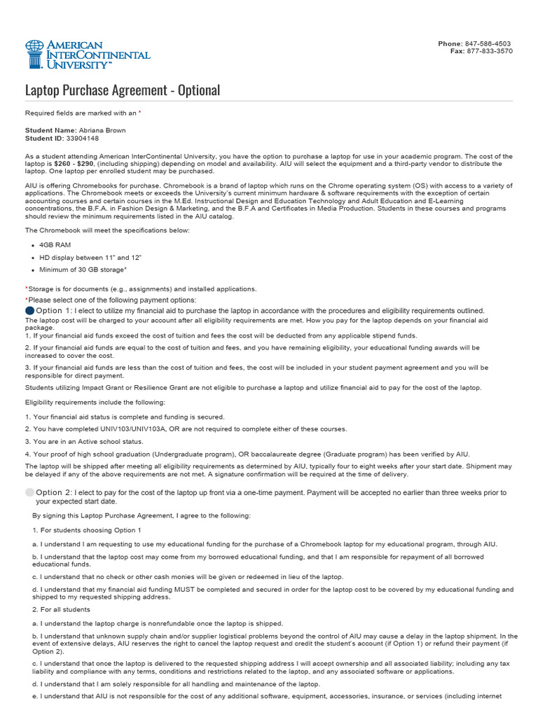 AIU Laptop Purchase Agreement | PDF | Student Financial Aid In The ...