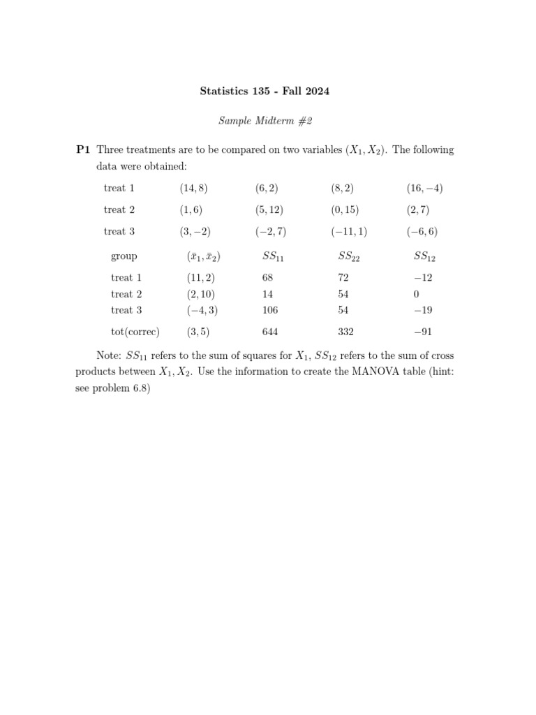 Sample Midterm 2 Fall 2024 With Attachments | PDF | Eigenvalues And Eigenvectors | Covariance