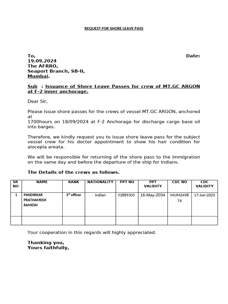 Request For Shore Leave Pass | PDF