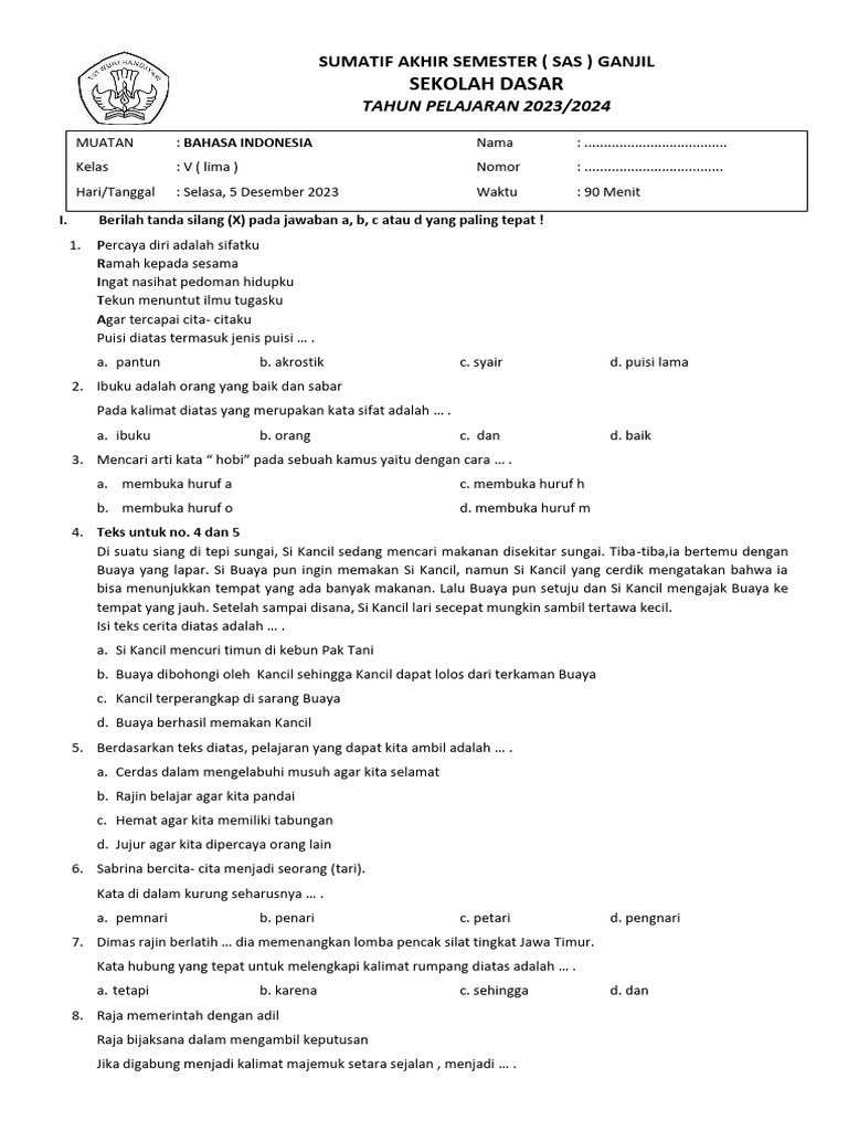 Soal SAS Ganjil B Indonesia Kelas 5 TH 202 | PDF