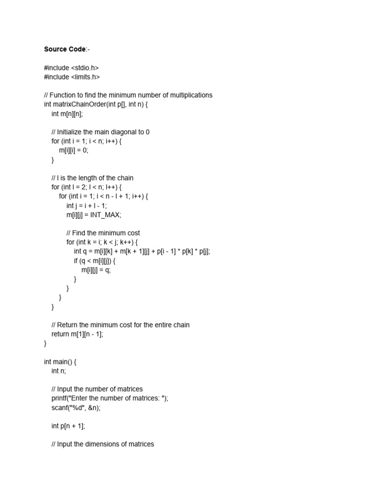 Matrix Chain Multiplication Cost Calculator | PDF