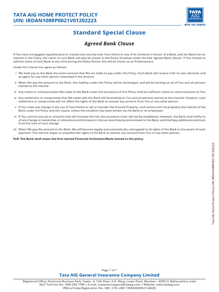 TATA AIG Home Protect Policy Details | PDF | Insurance | Banks