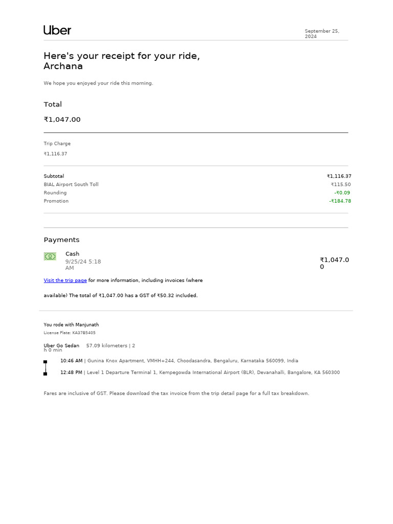 Uber Ride Receipt: Bengaluru to BLR | PDF