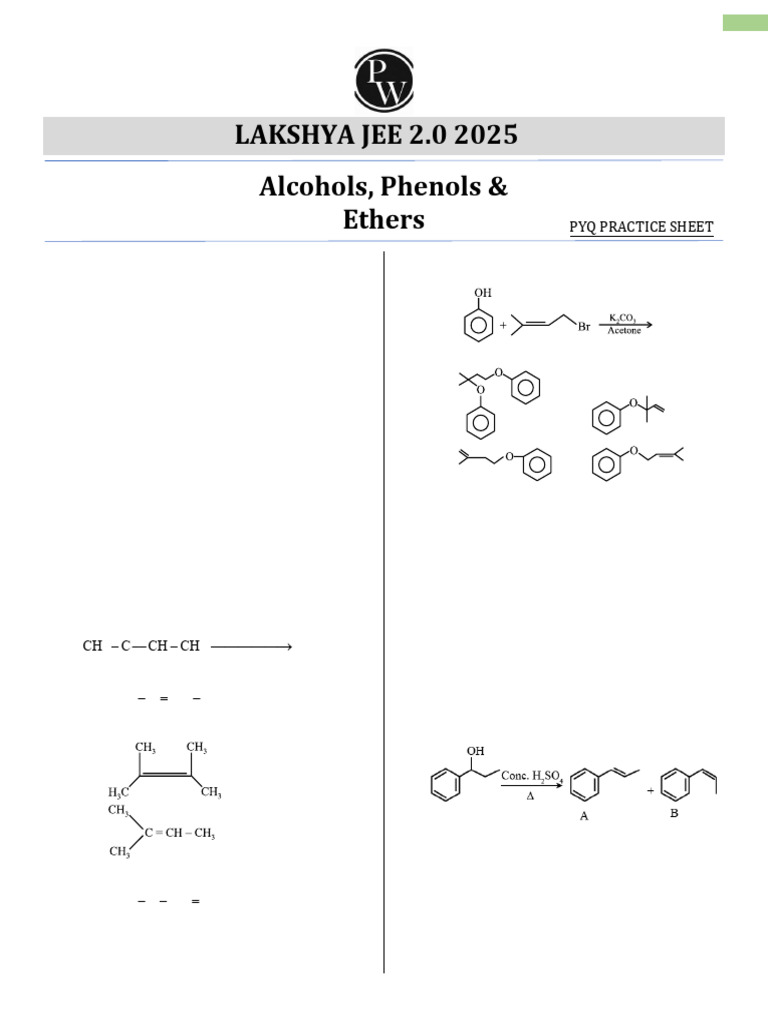 Alcohols, Phenols & Ethers Practice Questions | PDF | Ether | Chemistry