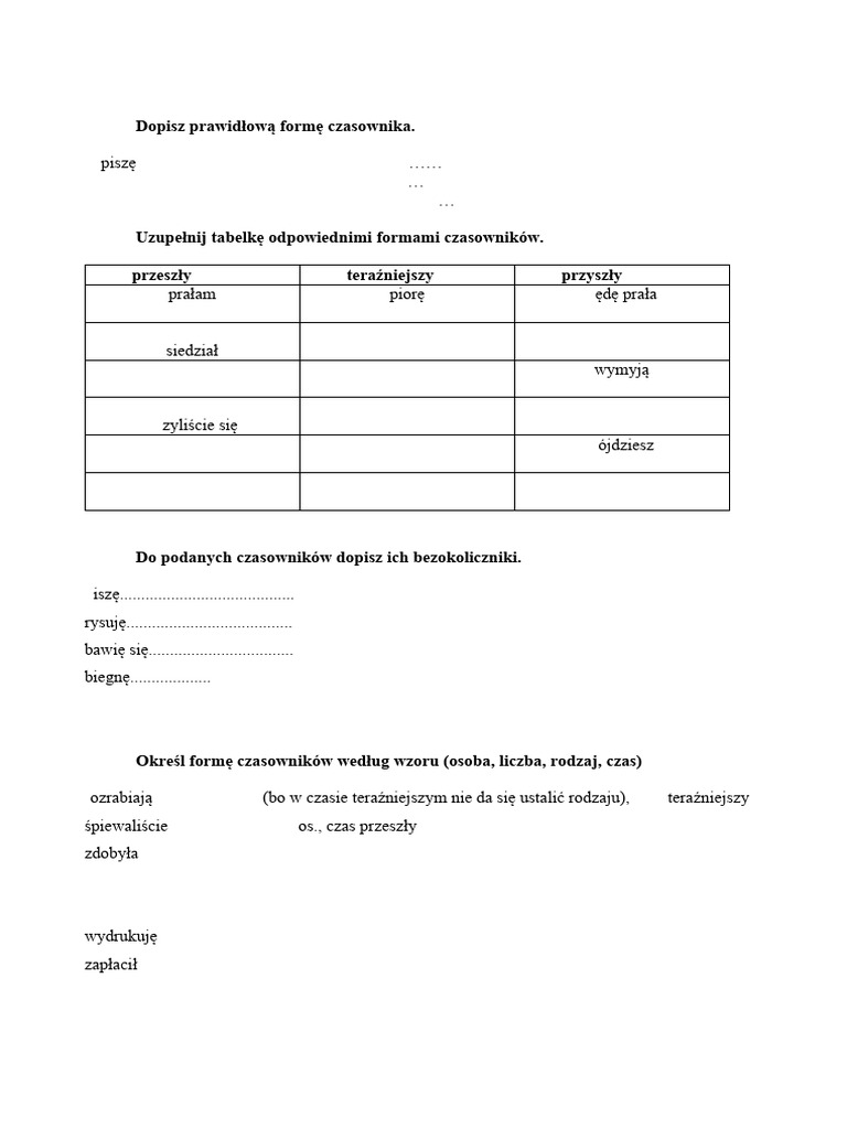 4a Czasownik Karta Pracy Klasa 4 | PDF