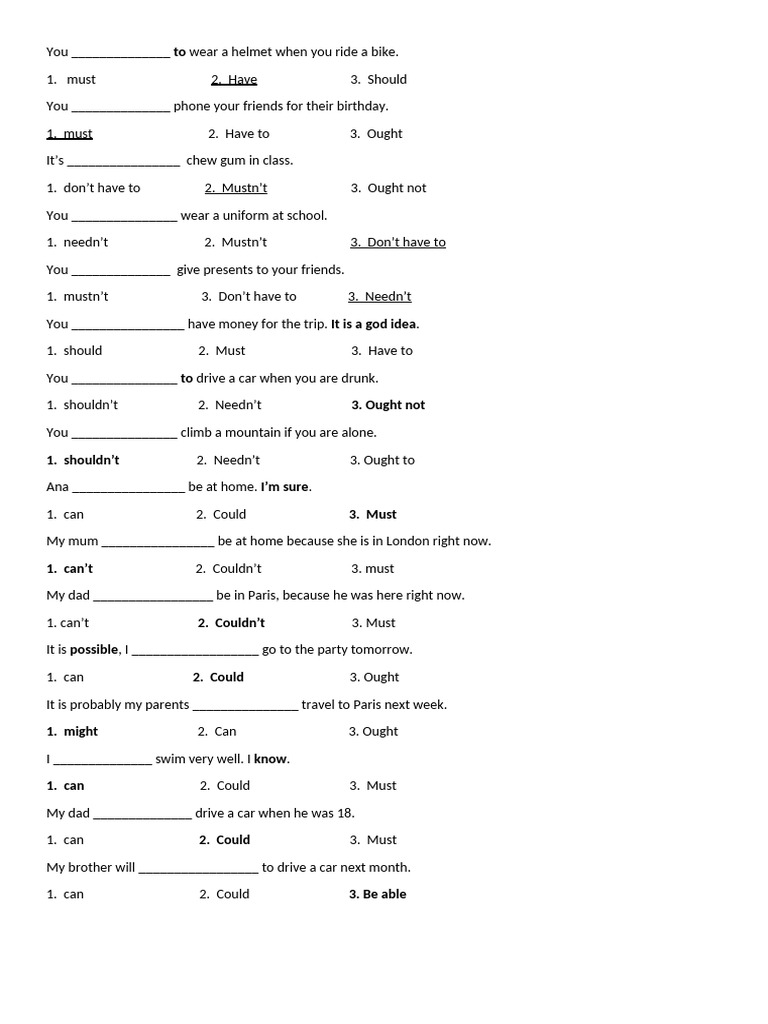 Modal Verbs: Multiple Choice Exercises | PDF