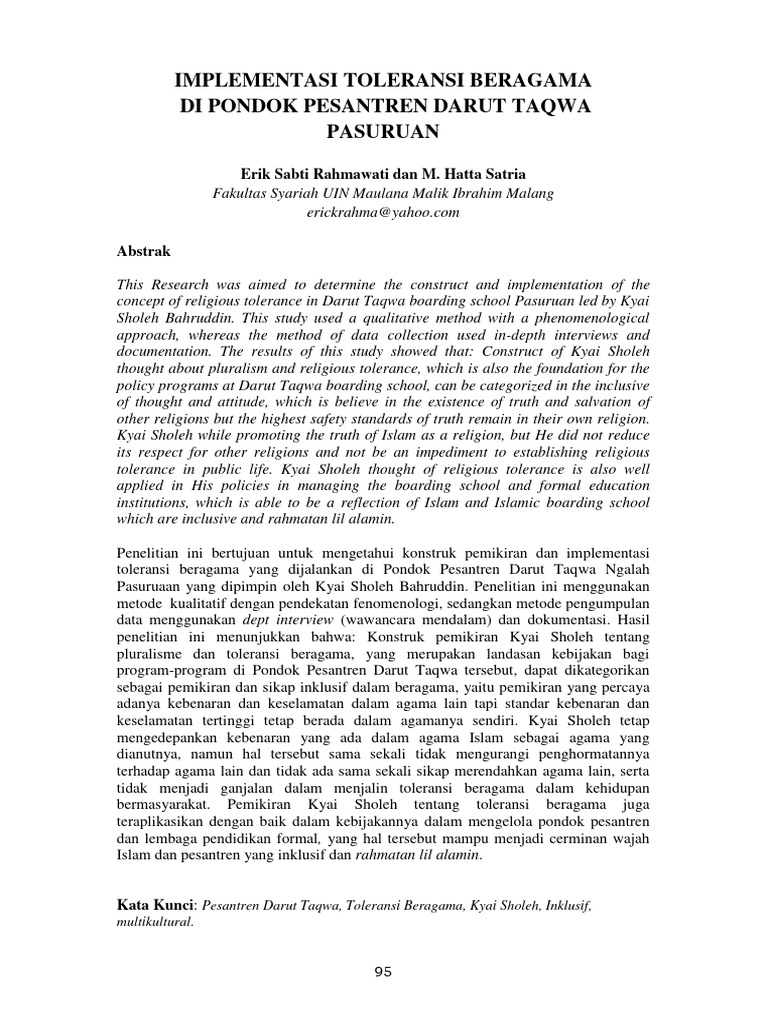 ID Implementasi Toleransi Beragama Di Pondok Pesantren Darut Taqwa Pasuruan | PDF