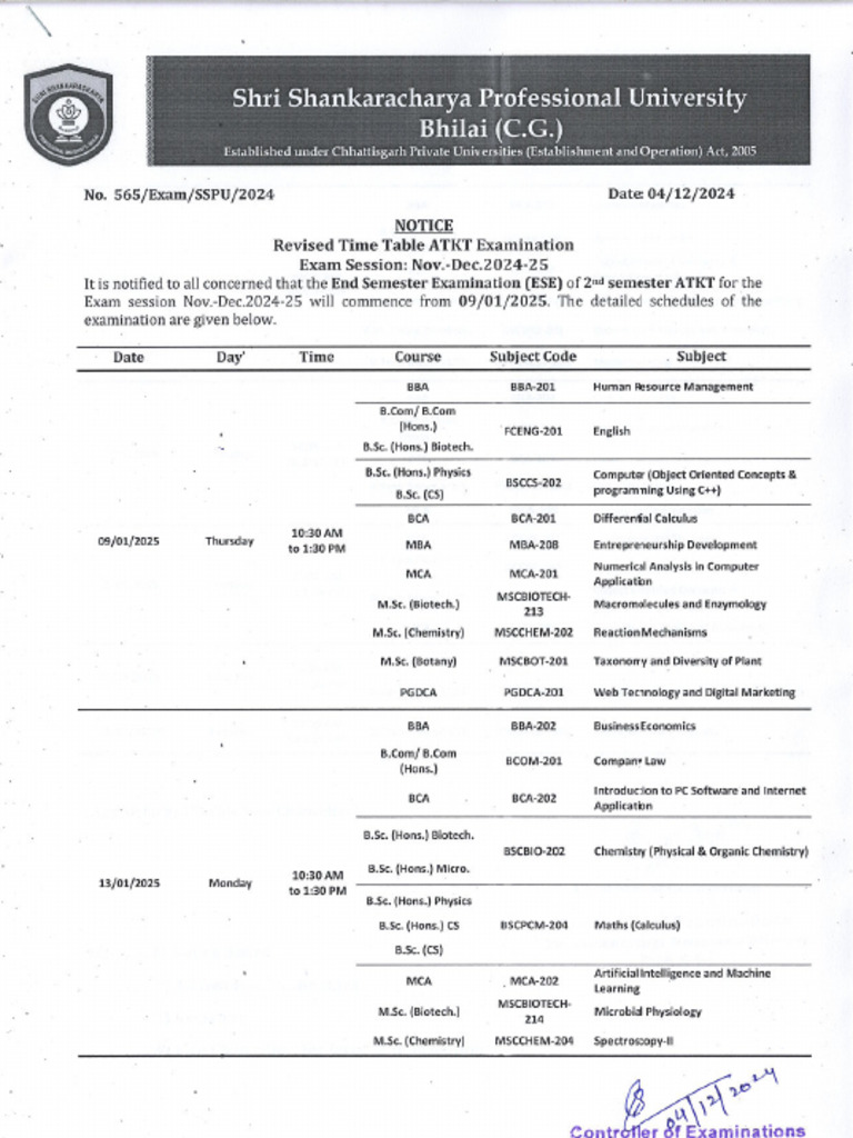 2nd Sem(ATKT)Revised ESE Time Table 2024-25 | PDF